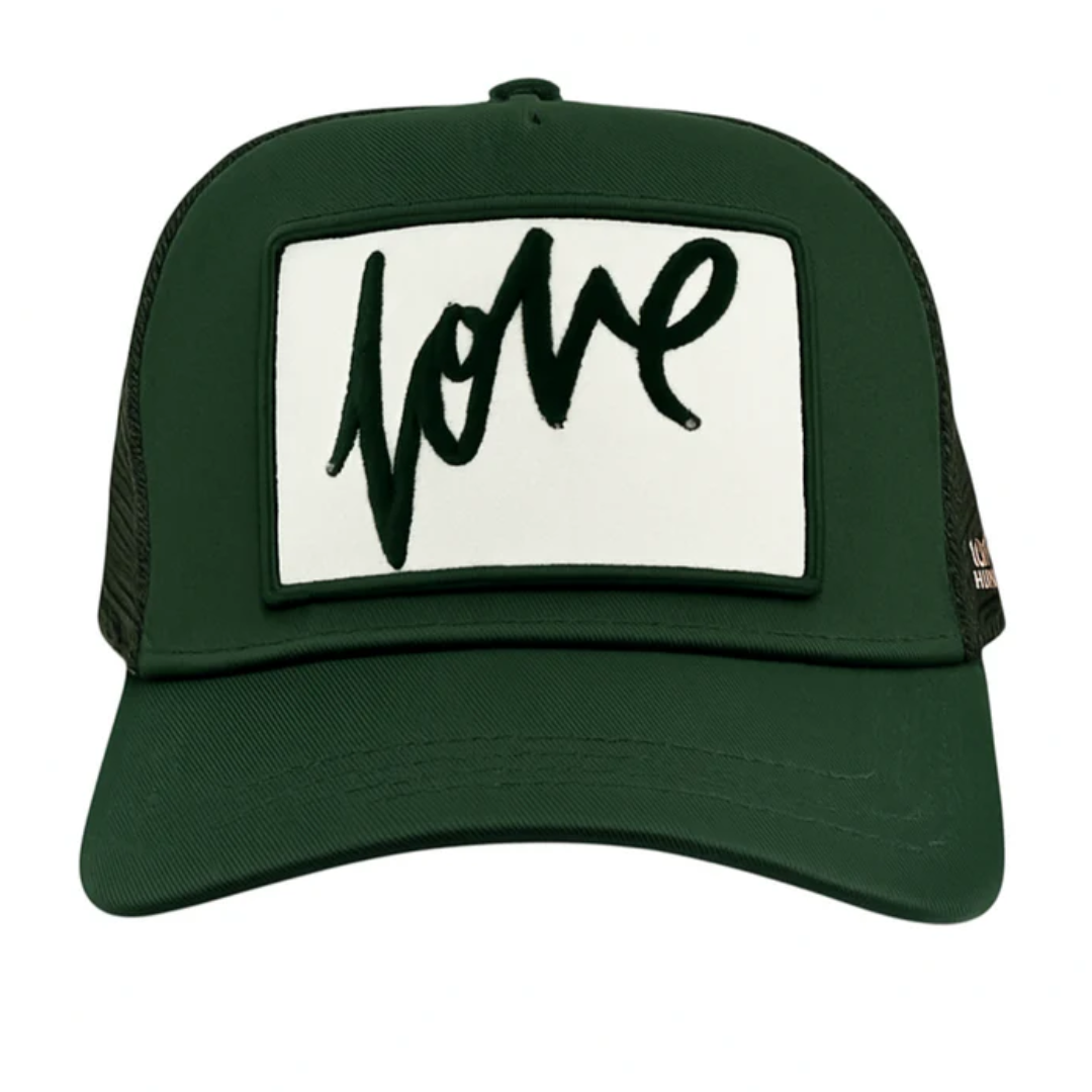 Love Cursive Trucker Hat in Hunter