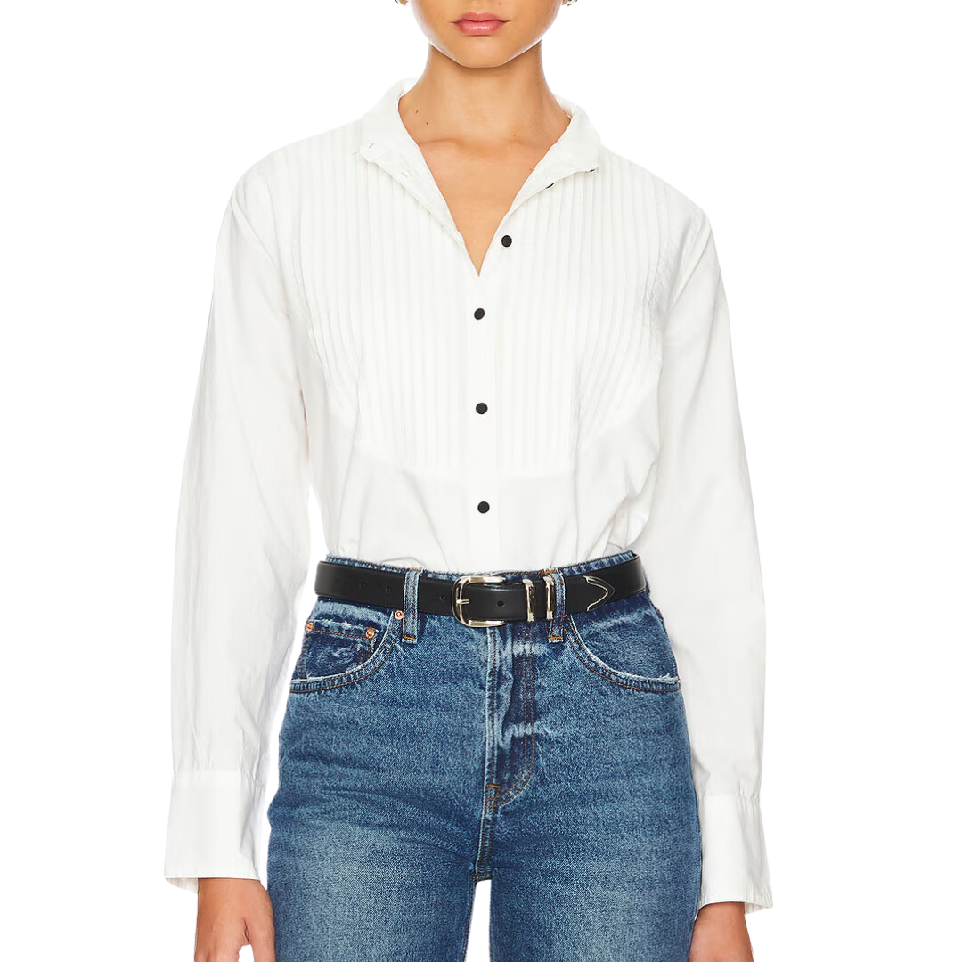 THE GREAT. The Pleated Tux Top in White